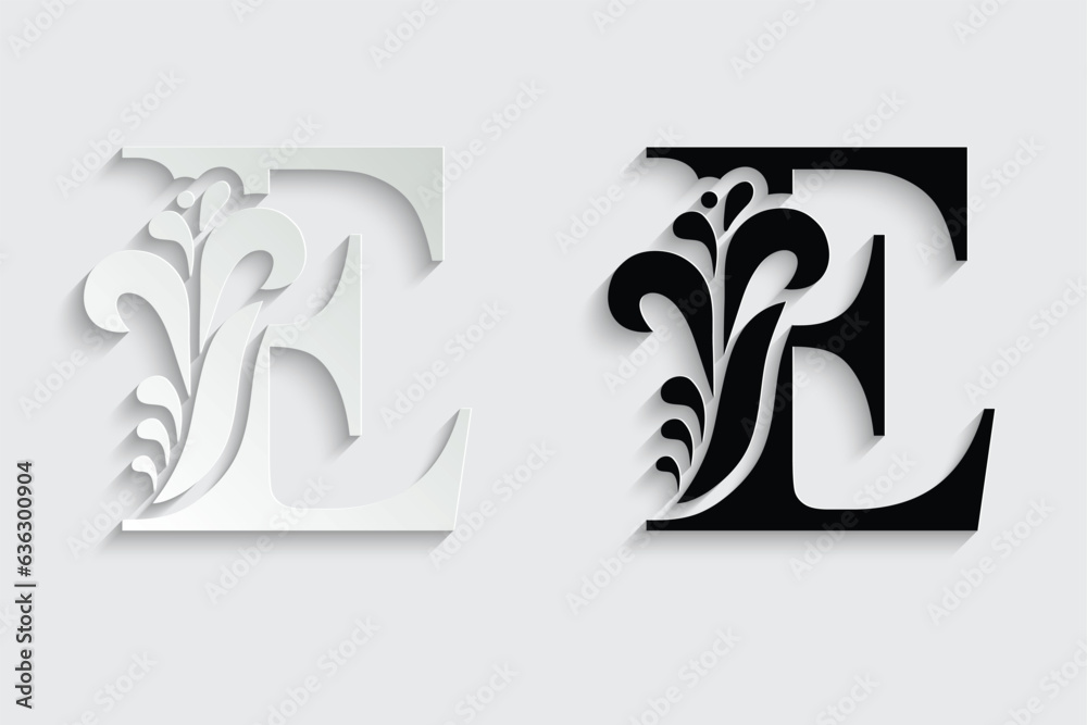 letter E. Black flower alphabet. Beautiful capital letters with shadow ...