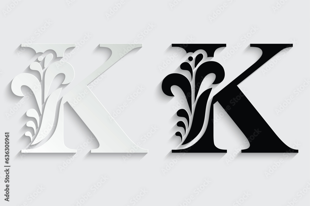 letter K. Black flower alphabet. Beautiful capital letters with shadow ...