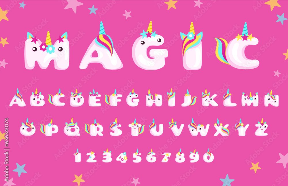 Unicorn font. Cartoon style alphabet with cute unicorn horn and rainbow ...