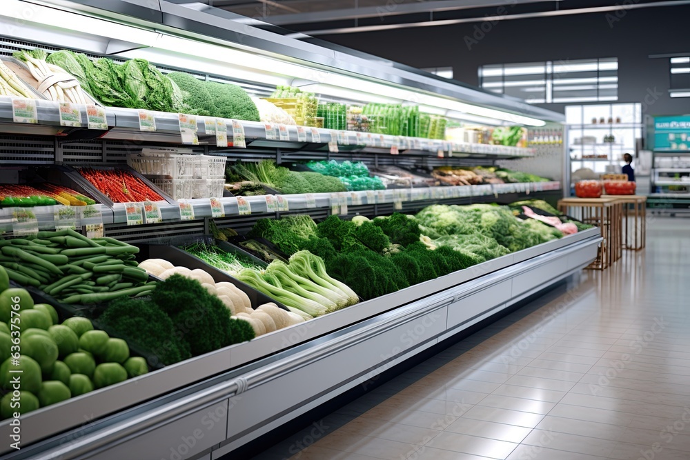 Vibrant produce on display in a modern supermarket. Fresh fruits and ...