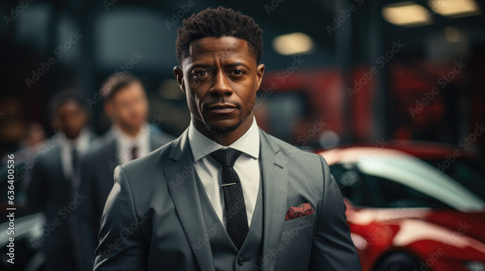 A smart black man in his late thirties wearing a grey pinstriped suit ...