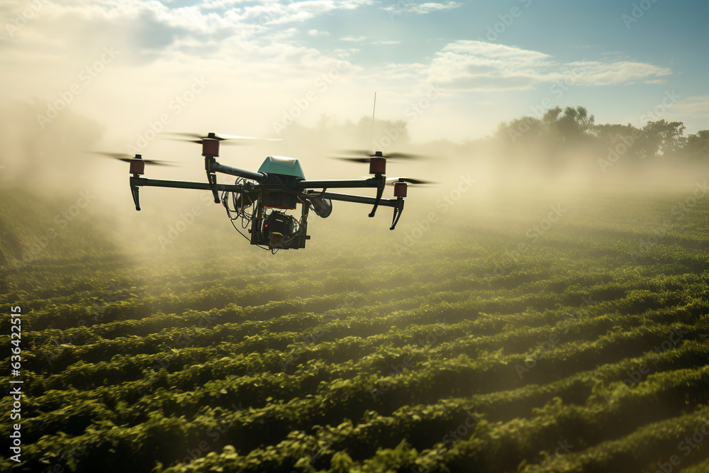 Generative Ai illustration of Drone flying and spraying crop fields with ecological and ...