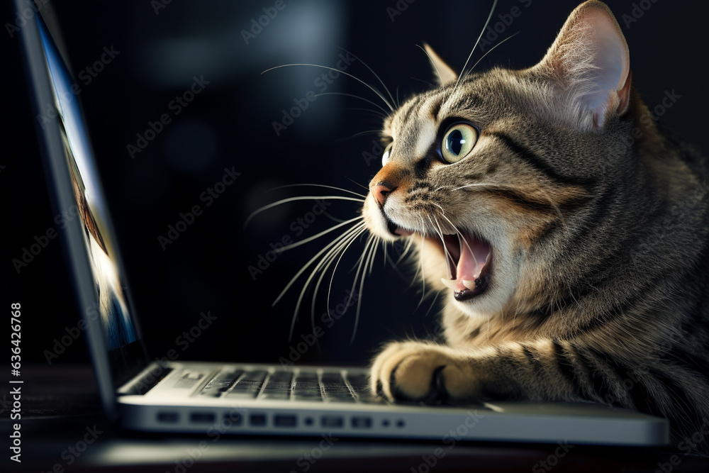 The cat with a surprised face. looking at the laptop computer screen ...