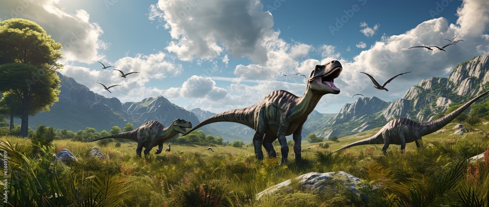 Dinosaurs in Prehistoric Land Stock Photo | Adobe Stock