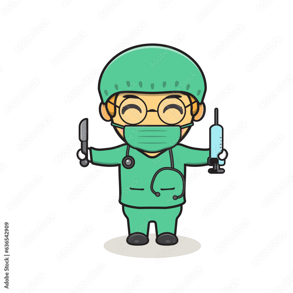 Cute Doctor Holding Stethoscope and Injection Cartoon Vector Icon ...