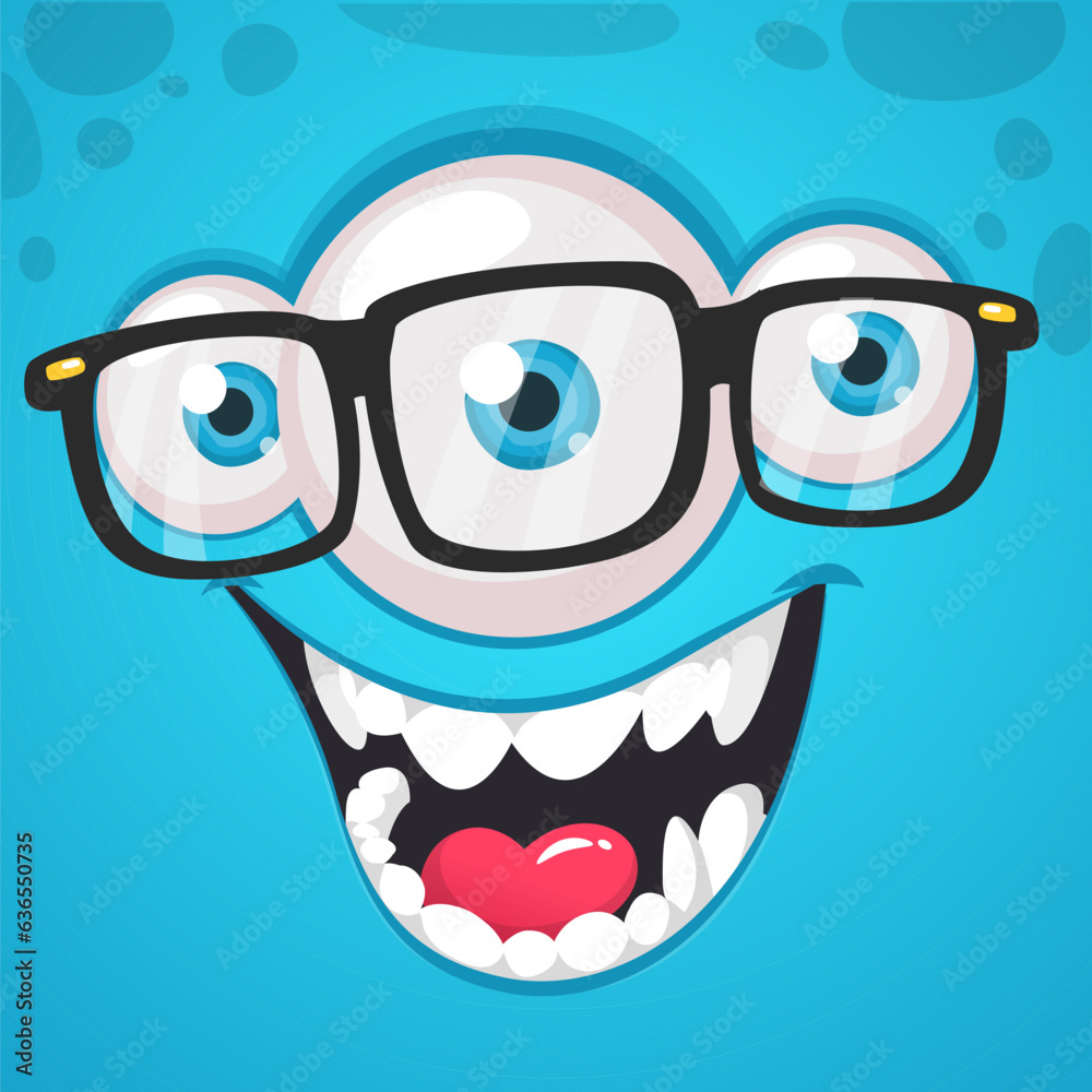Cartoon monster or alien face with three eyes wearing eyeglasses. Funny ...