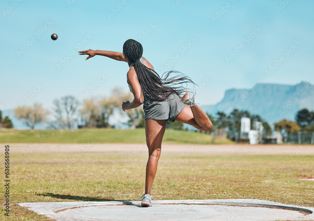 Shot put, woman and athlete throw in competition, championship or ...