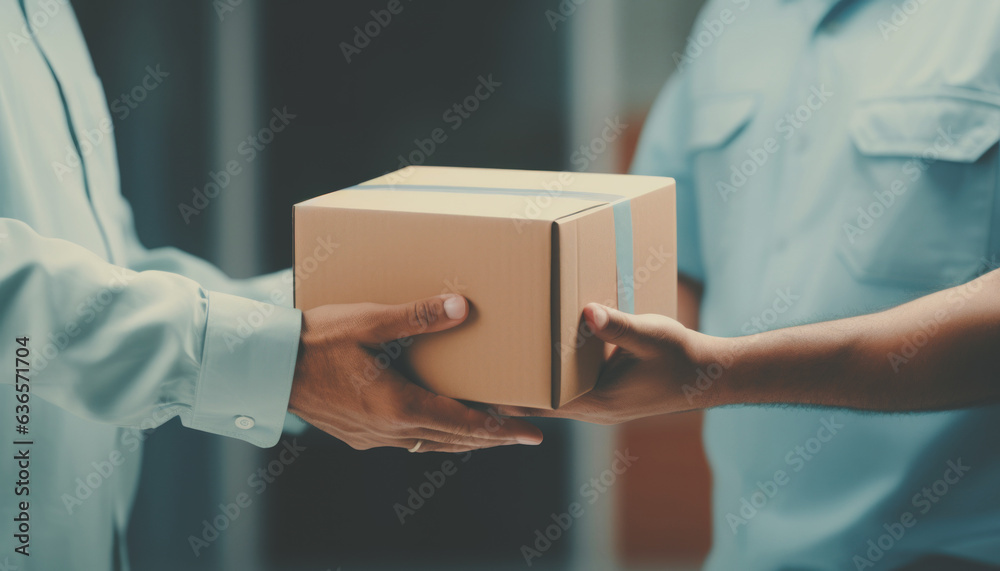 Delivery man and parcel box, parcels or customer goods in transit ...