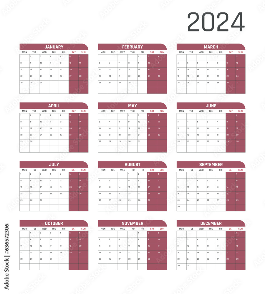 2024 year calendar, calendar design for 2024 starts monday 素材庫向量圖 ...