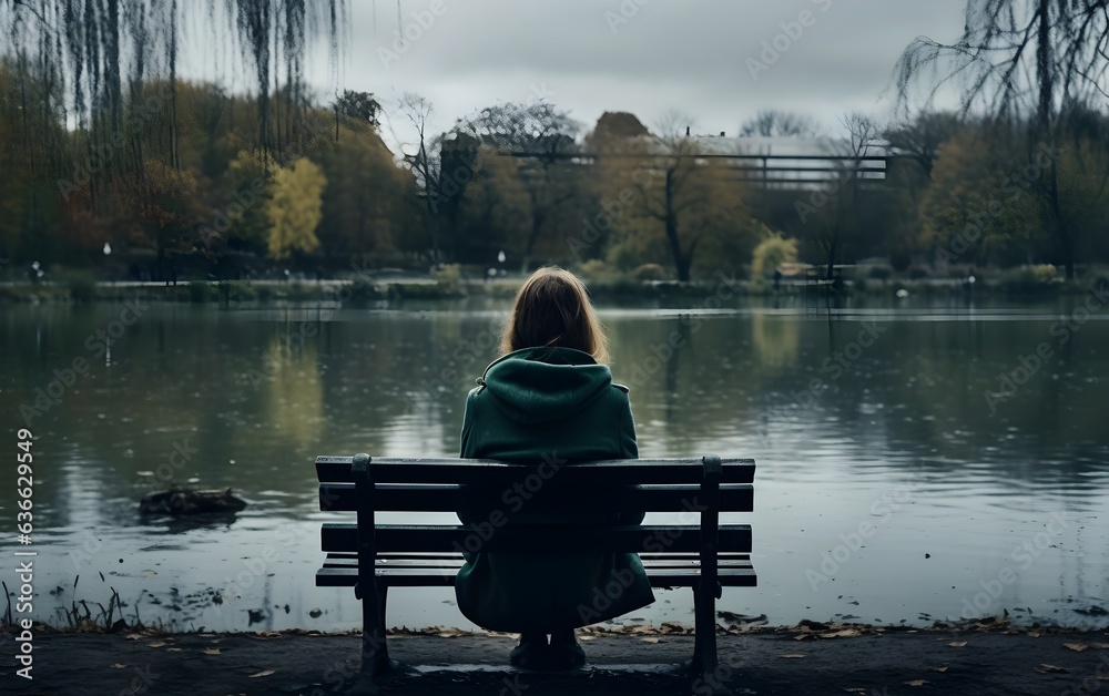 Depressed and sad young woman with long hair casual clothes sitting ...