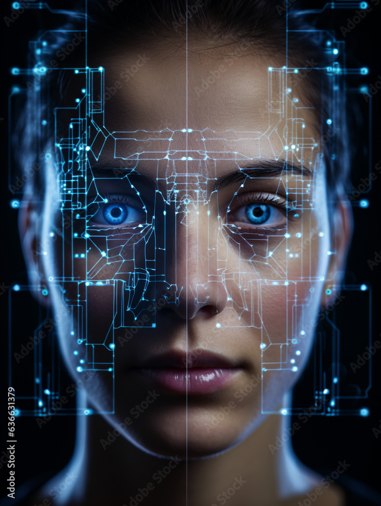 Woman with digital face mapping and biometric identification. Advanced ...