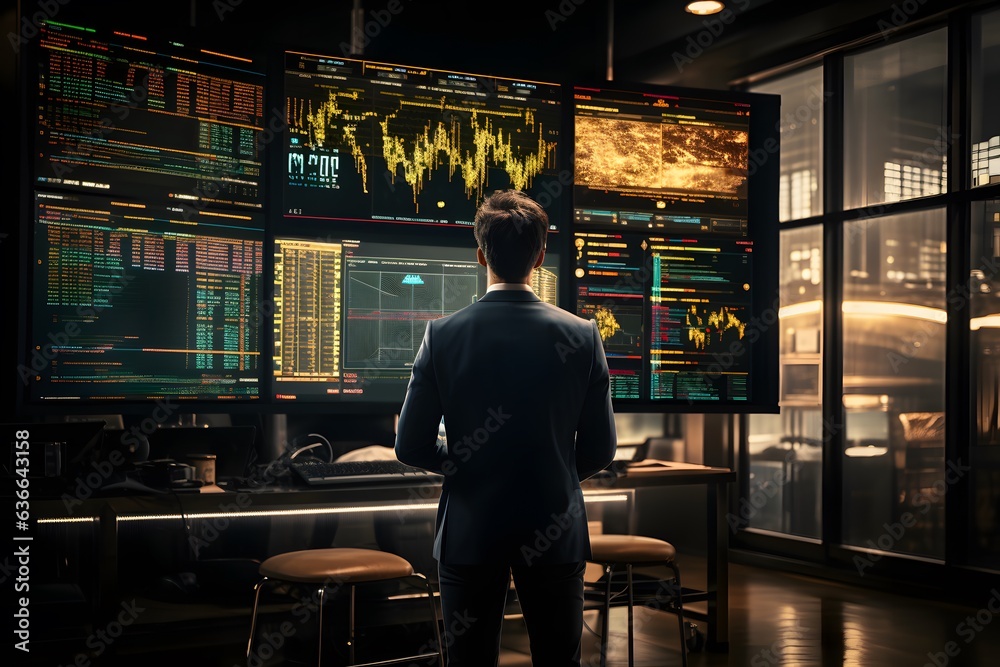 A middle-aged man analyzing the candlestick graph chart of stock market ...