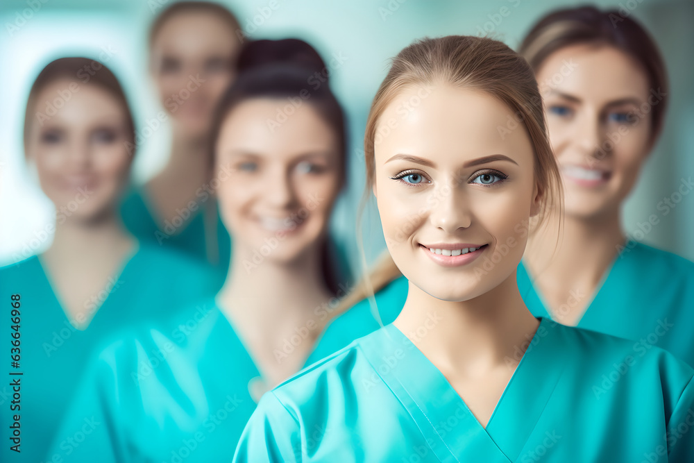 Portrait of group female nurses standing together in hospital. A group ...