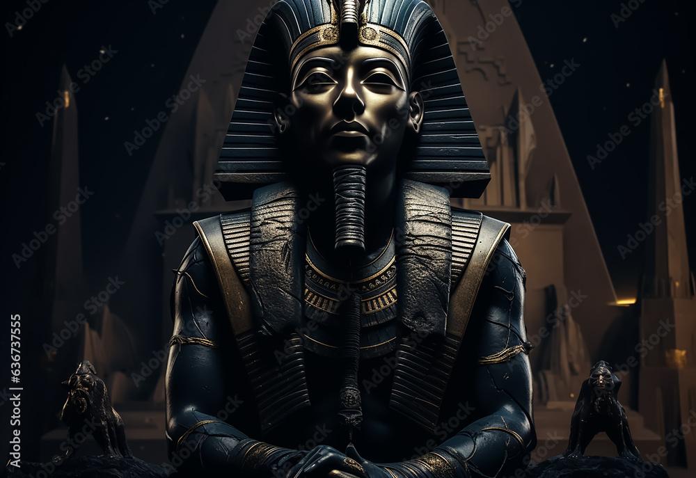 Egyptian pharaoh Sphinx statue in black marble at night in front of ...
