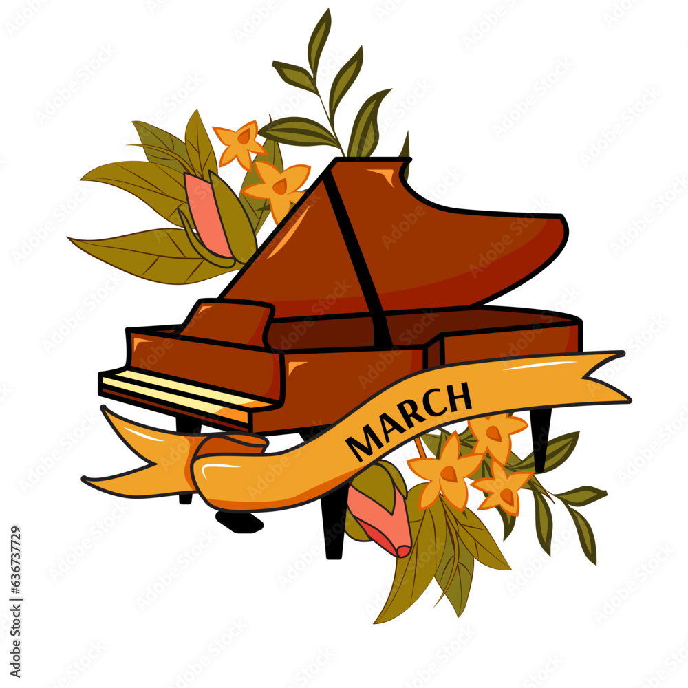 Month March in ribbon with flowers and piano. For calendar, monthly ...
