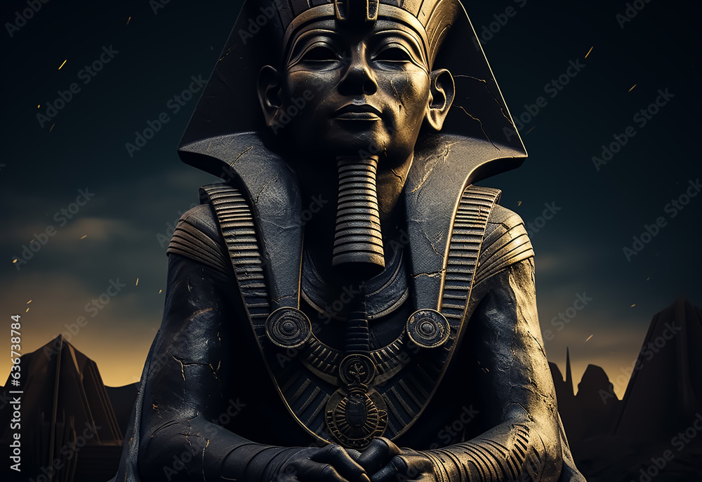 Egyptian pharaoh Sphinx statue in black marble at night in front of ...