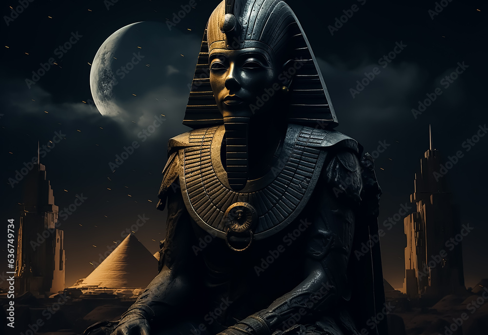 Egyptian pharaoh Sphinx statue in black marble at night in front of ...