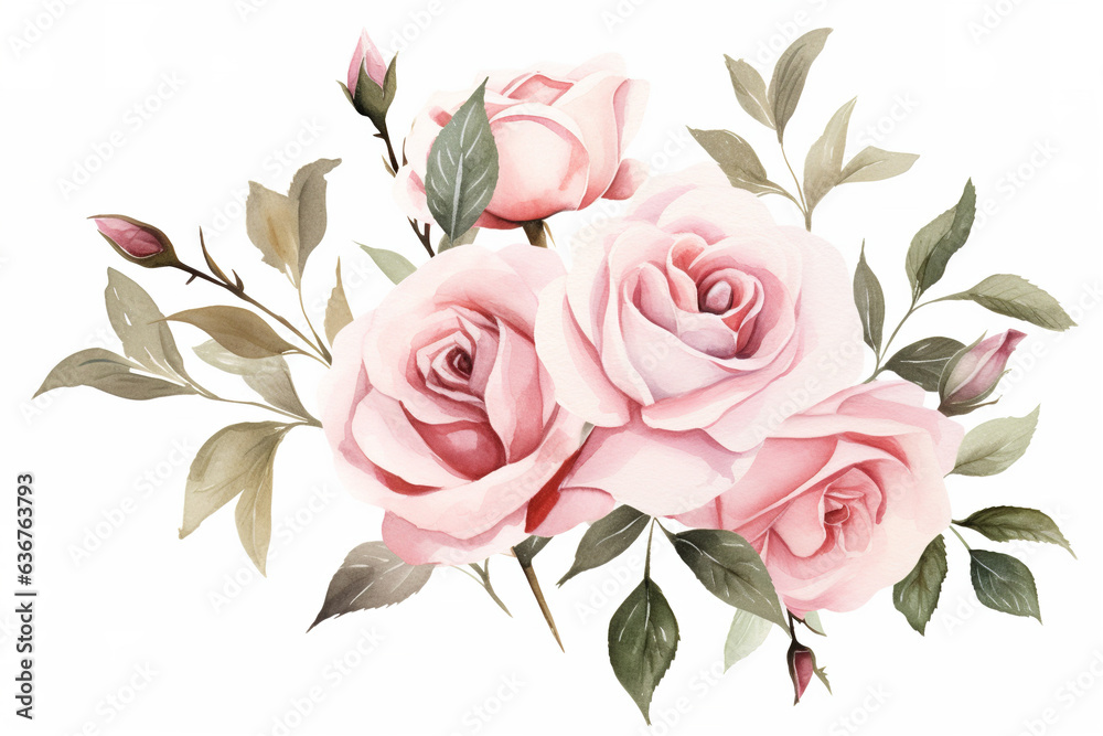 blush pink roses, bouquet, watercolor clipart, white background Stock ...