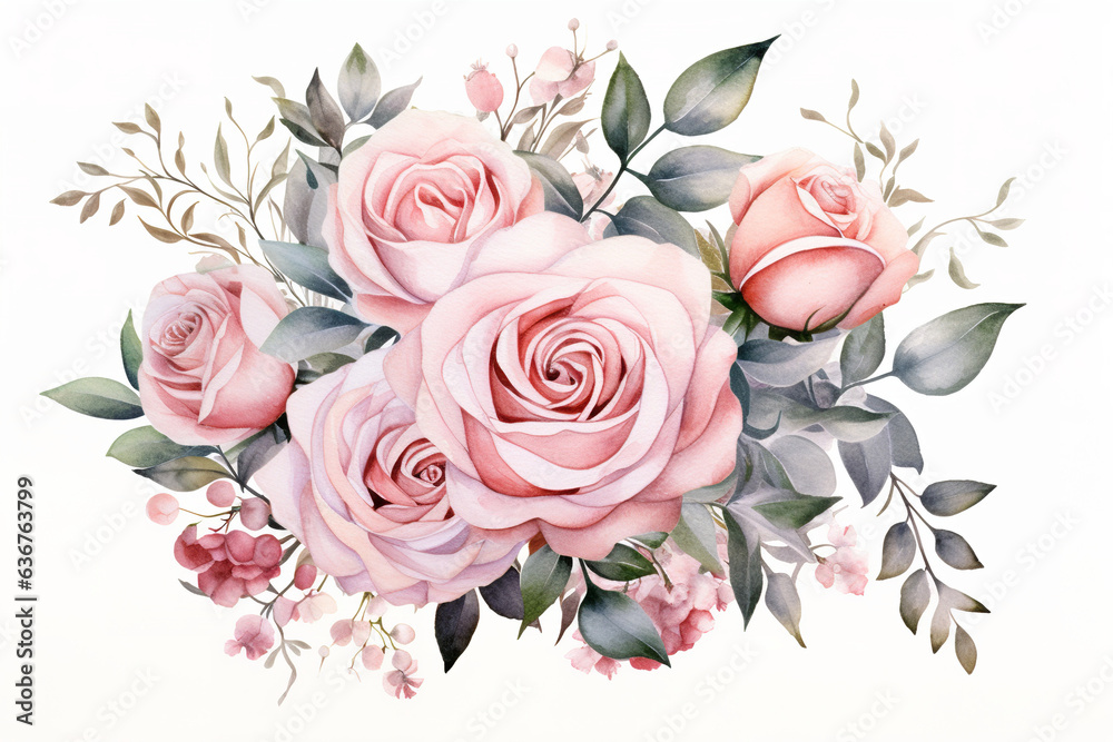 blush pink roses, bouquet, watercolor clipart, white background Stock ...