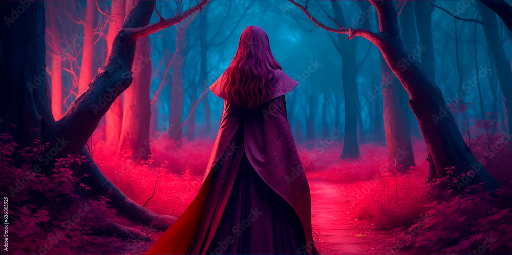 Wrath sorceress in a dark red forest seen from the back. Young sensual ...