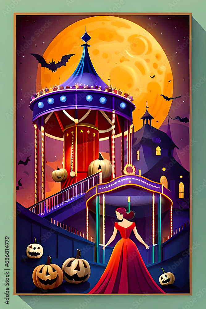dynamic Halloween poster showcasing a haunted carnival scene. Include a ...
