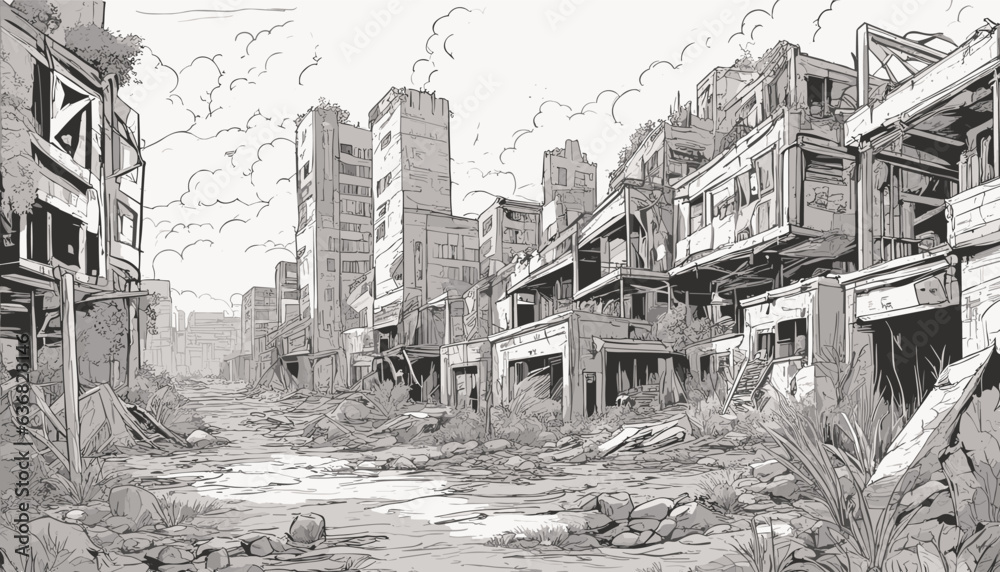 line art background image depicting a post-apocalyptic wasteland, with ...