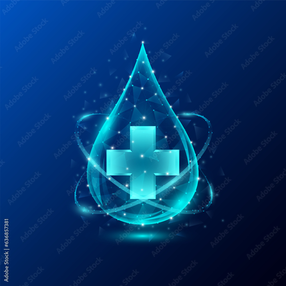 Medical sign symbol blue cross in water drop low poly triangle glowing ...
