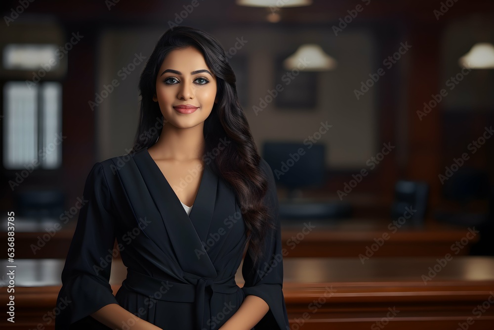 Confident Indian female lawyer in courthouse background, professional ...