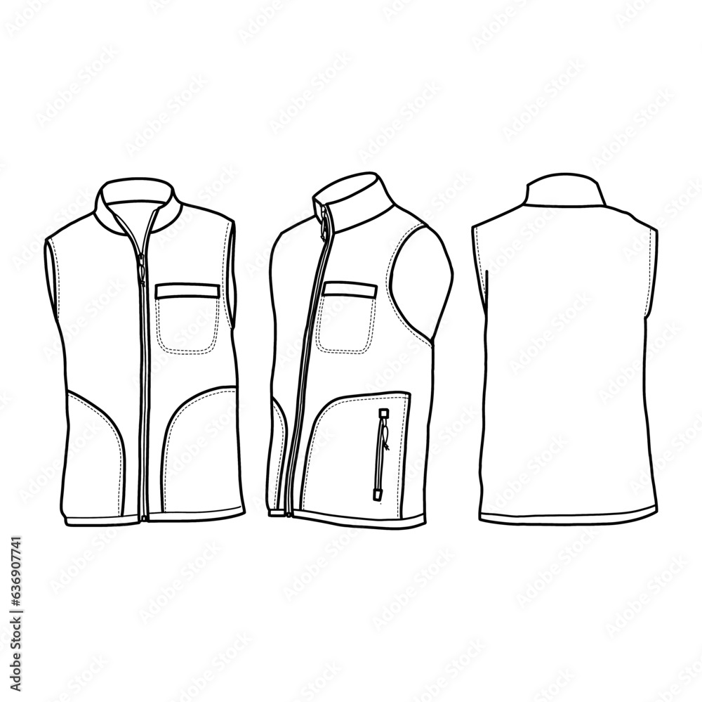 Technical sketch drawing of Men's Vest vector template in front, side ...
