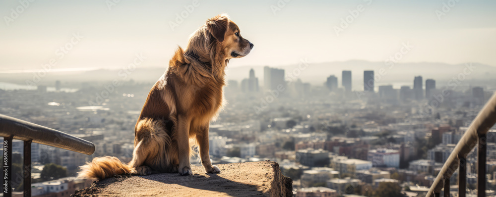 Triumphant urban dog atop city skyscraper with stunning panoramic ...