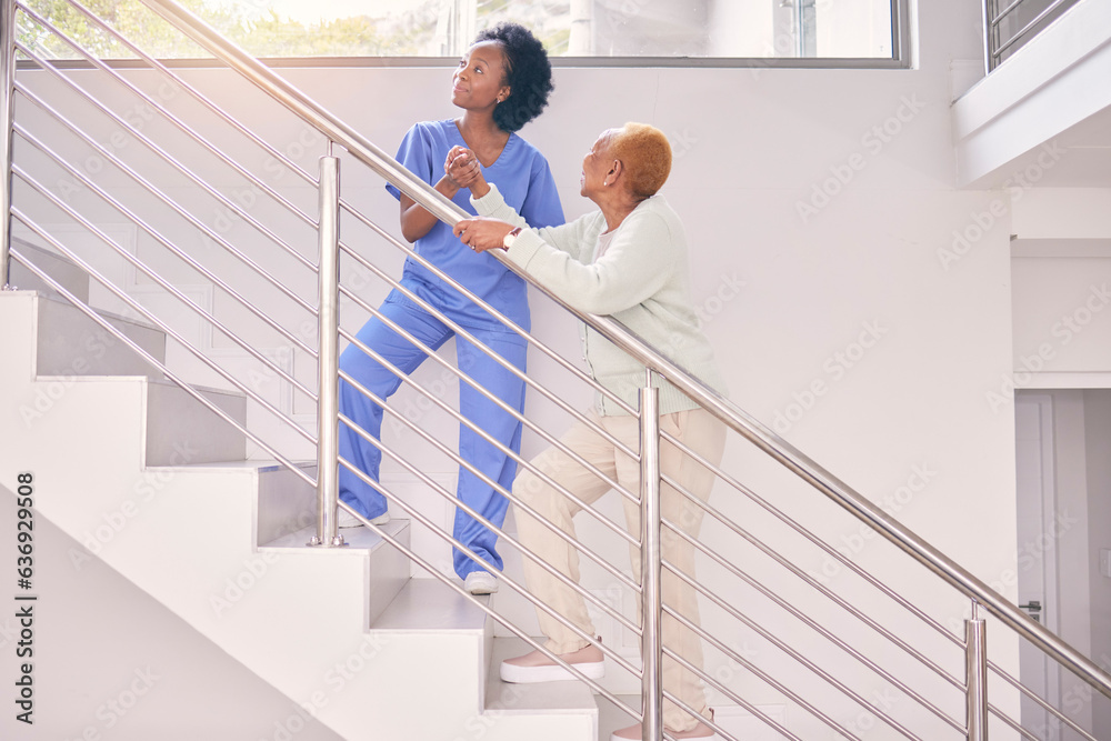 Stairs, nurse and help senior woman, holding hands and assistance in ...