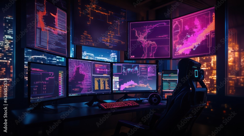 Multiple screens control room. Interfacing with artificial intelligence. Data visualization hi ...