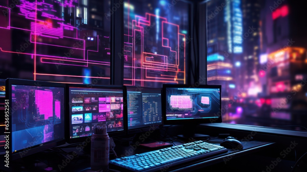 Ilustración de Stock Multiple screens control room. Interfacing with artificial intelligence ...