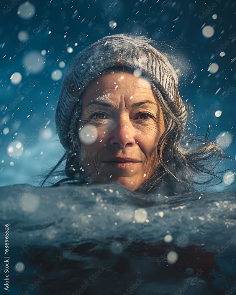 Woman swimming in cold water in the night with scenic snowfall making ...