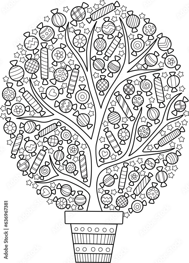Candy tree doodle coloring book page. Black and white vector zentangle ...