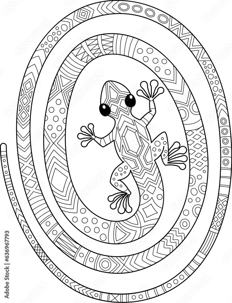 Lizard doodle coloring book page. Black and white vector zentangle ...