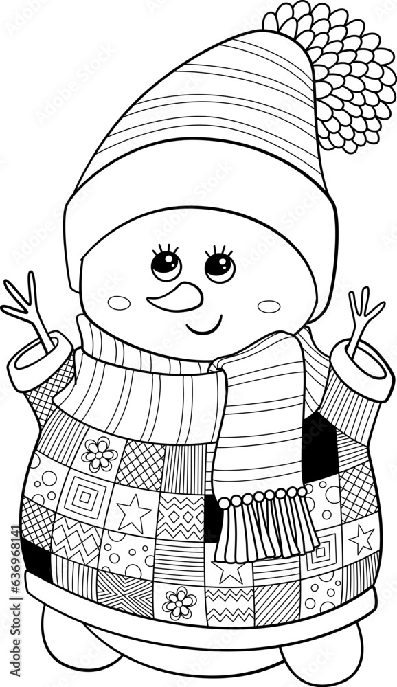 Cute snowman doodle coloring book page. Black and white vector ...