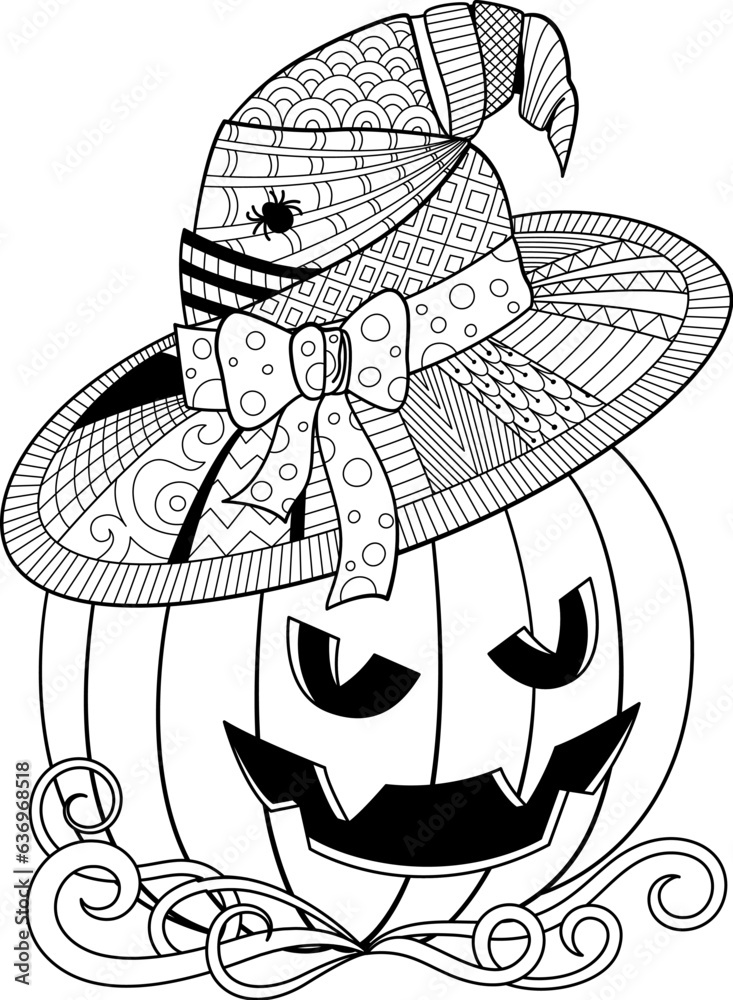 Happy pumpkin doodle coloring book page. Black and white vector ...
