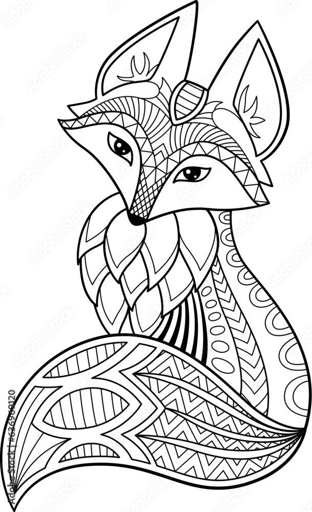 Vektor Cute fox doodle coloring book page. Black and white vector ...