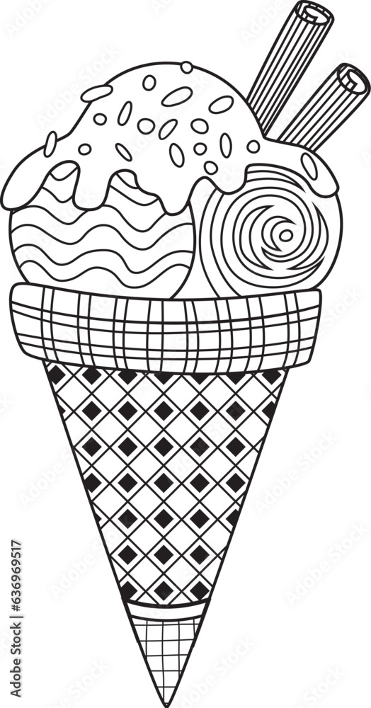 Ice cream doodle coloring book page. Black and white vector zentangle ...