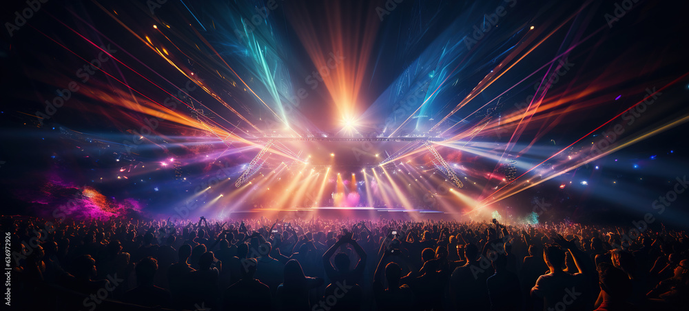 Colorful laser beams rays in a club, disco, nightclub or on a festival ...