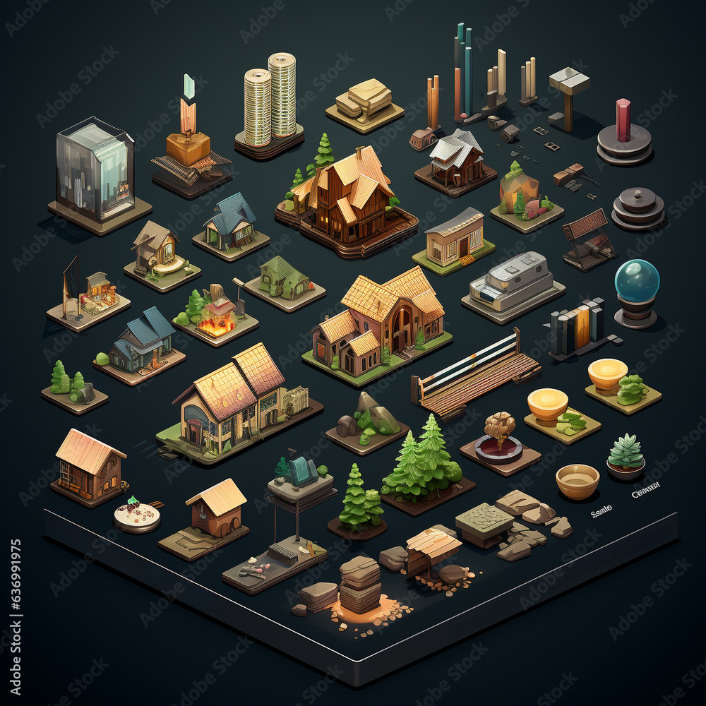 Vector isometric world map creation set. Combinable map elements. Countryside or village map ...