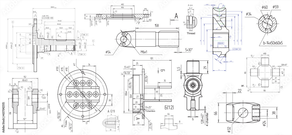 Vector engineering drawing of a steel mechanical parts with through ...