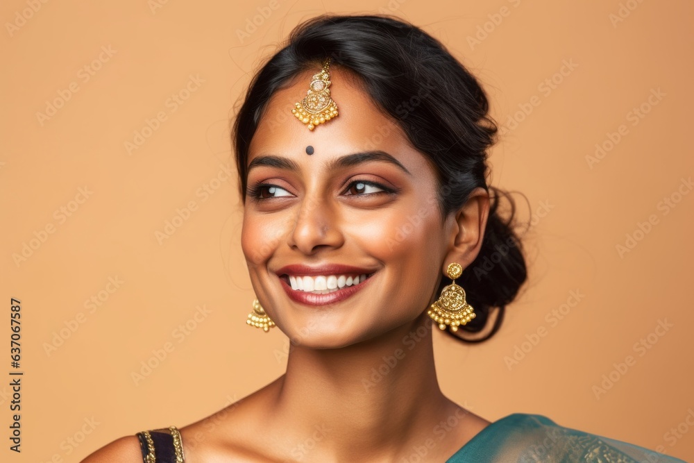 Group portrait of an Indian woman in her 30s against a pastel or soft ...