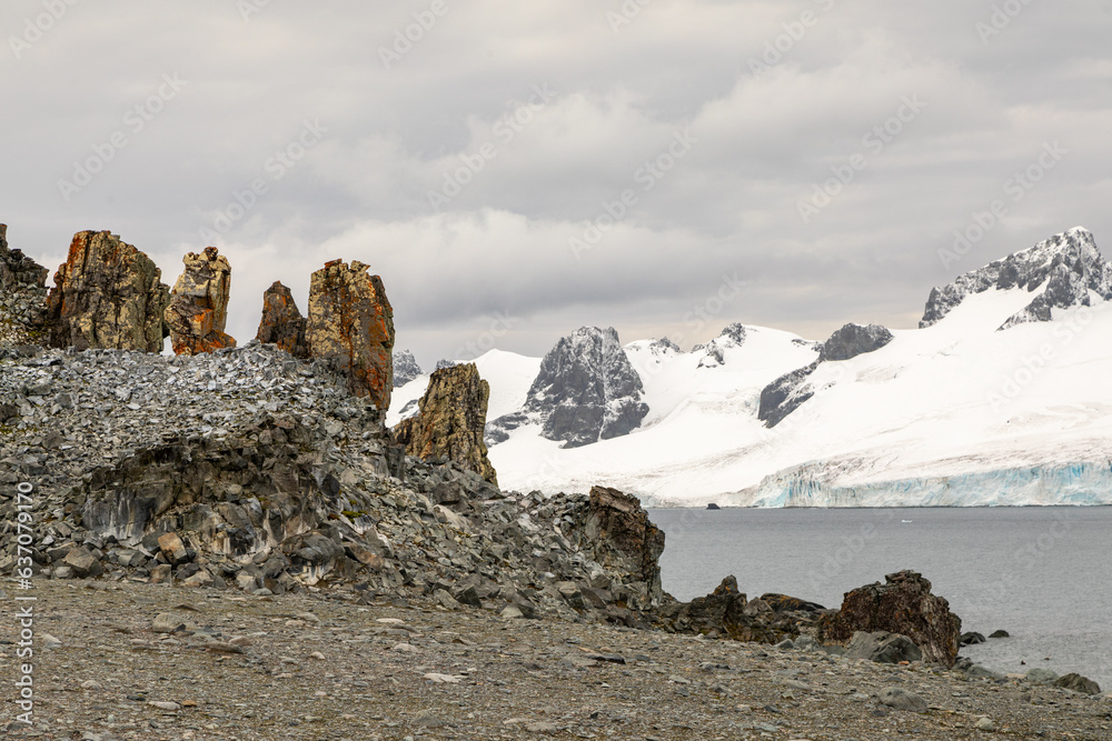 Basalt and Shale Rocky Island and Lichen Encrusted Rock Towers, Snowy ...