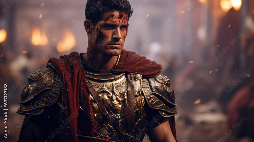 Roman gladiator reenactor in a replica arena, wearing historically ...