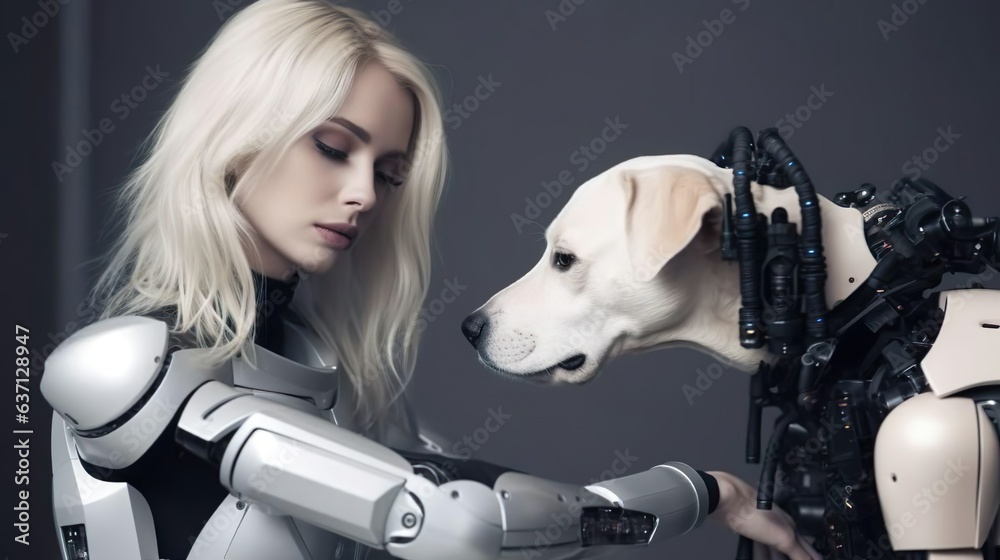 Beautiful female blonde robot with her robotic metal sniffer dog at ...