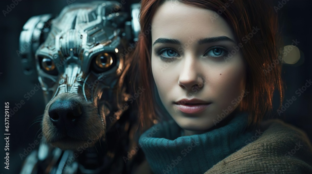 Portrait of beautiful young woman girl with her serious robotic metal ...