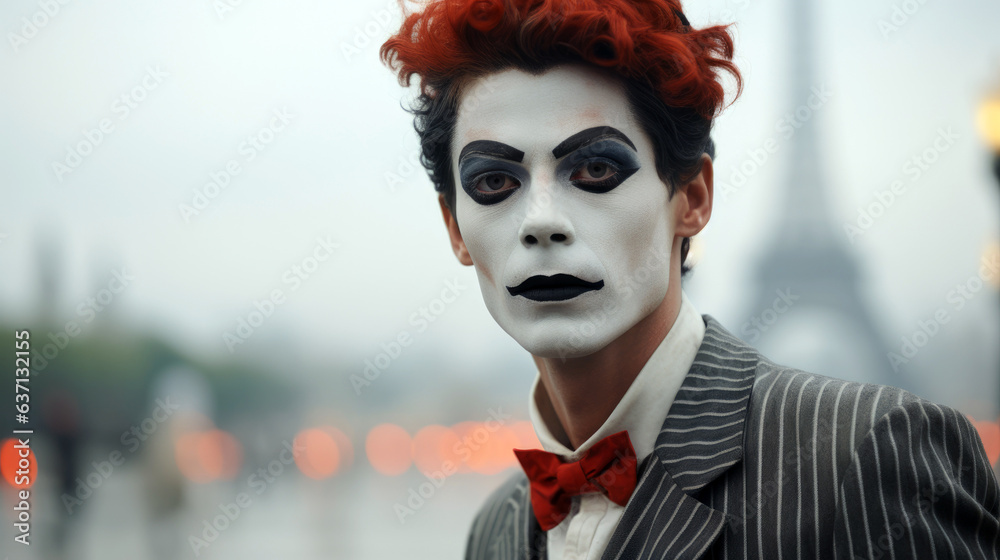 Parisian mime in full makeup and costume, performing a classic mime ...