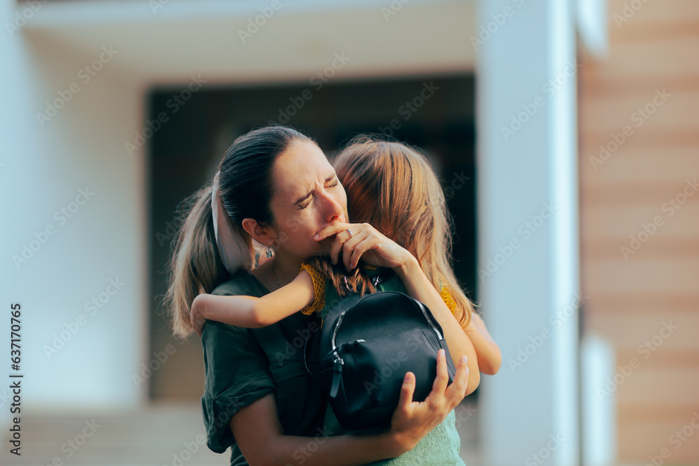 Emotional Mother Crying When Dropping her Kid to School. Sad mother ...